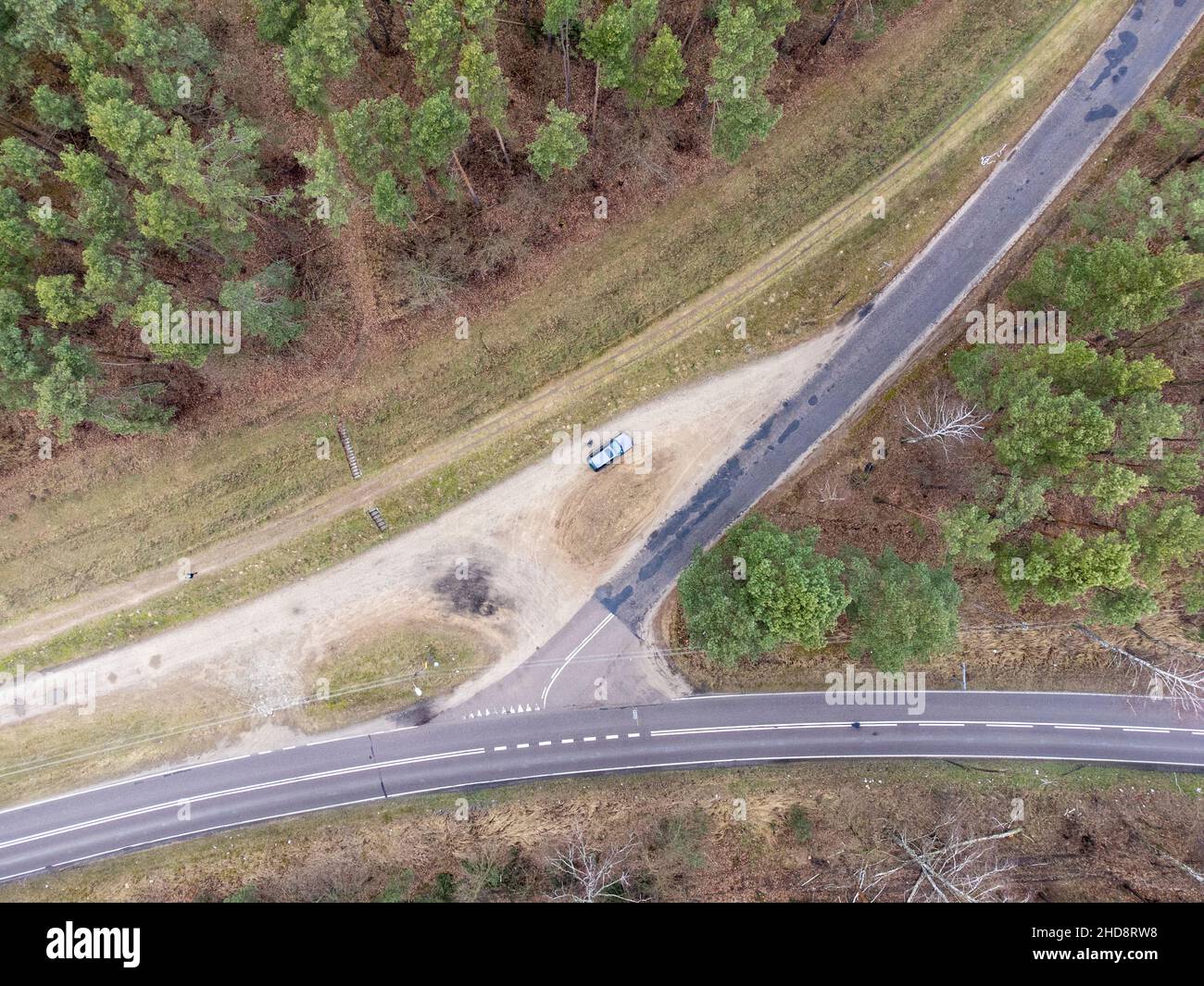 The intersection of asphalt and forest roads in a dense forest in ...