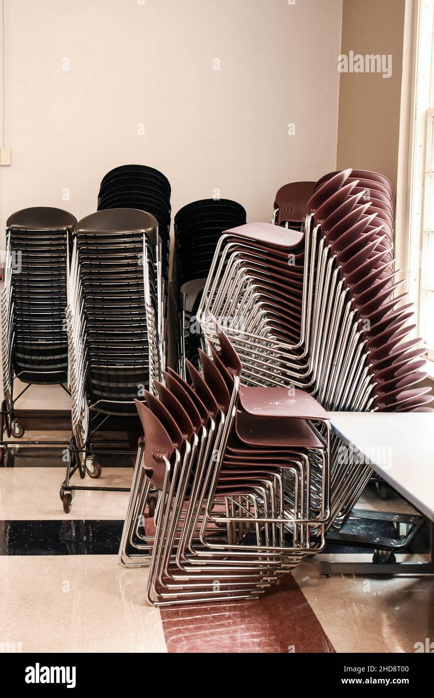 Closed High School cafeteria with chairs stacked on tables Stock Photo ...