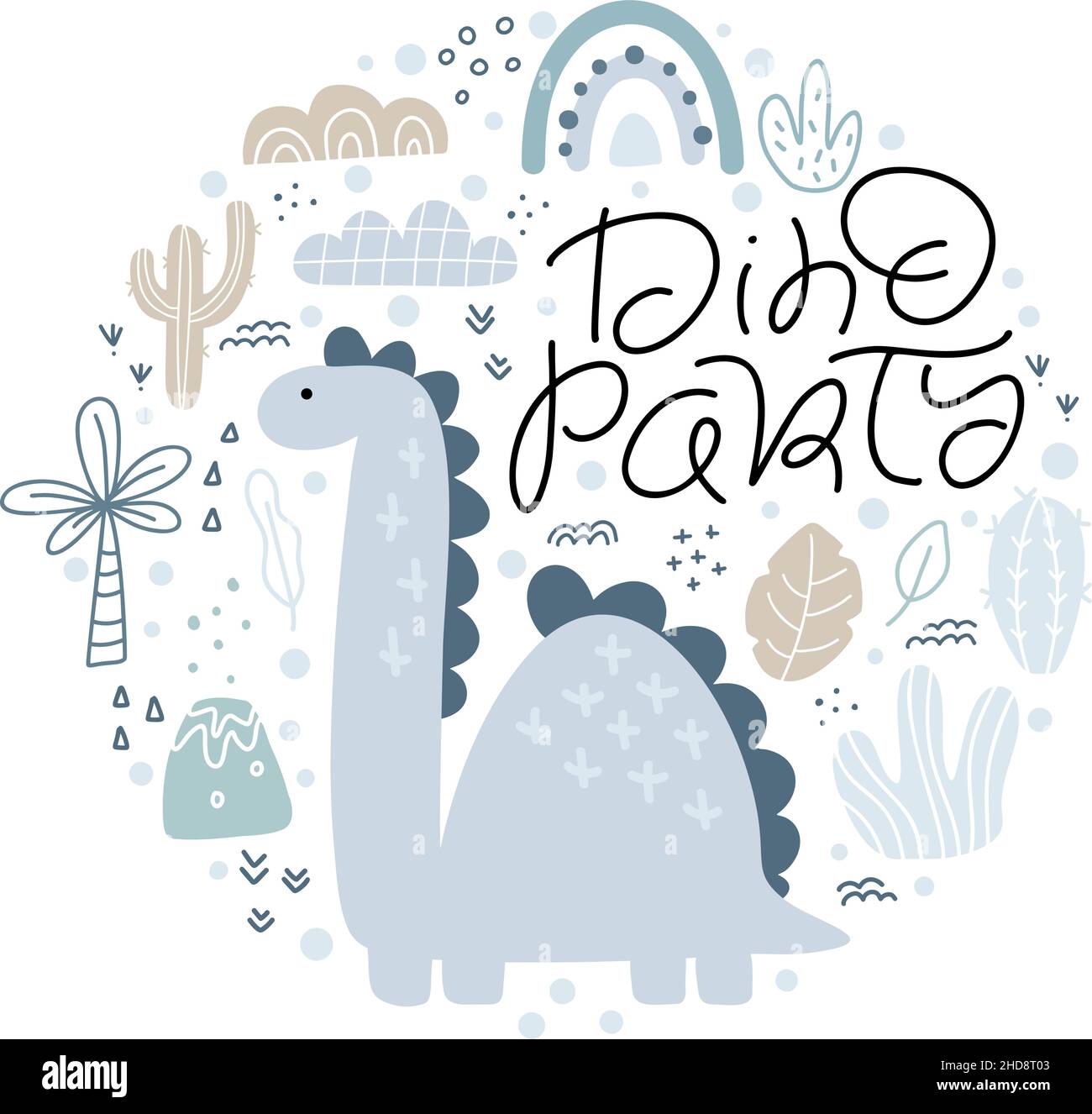 Round greeting card with cute dinosaurs palms and cactuses and ...