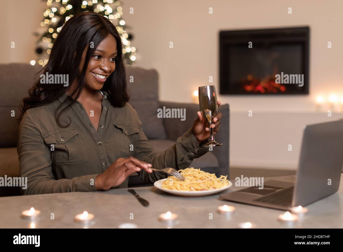 Black Lady Video Calling Toasting To Laptop Celebrating Christmas ...