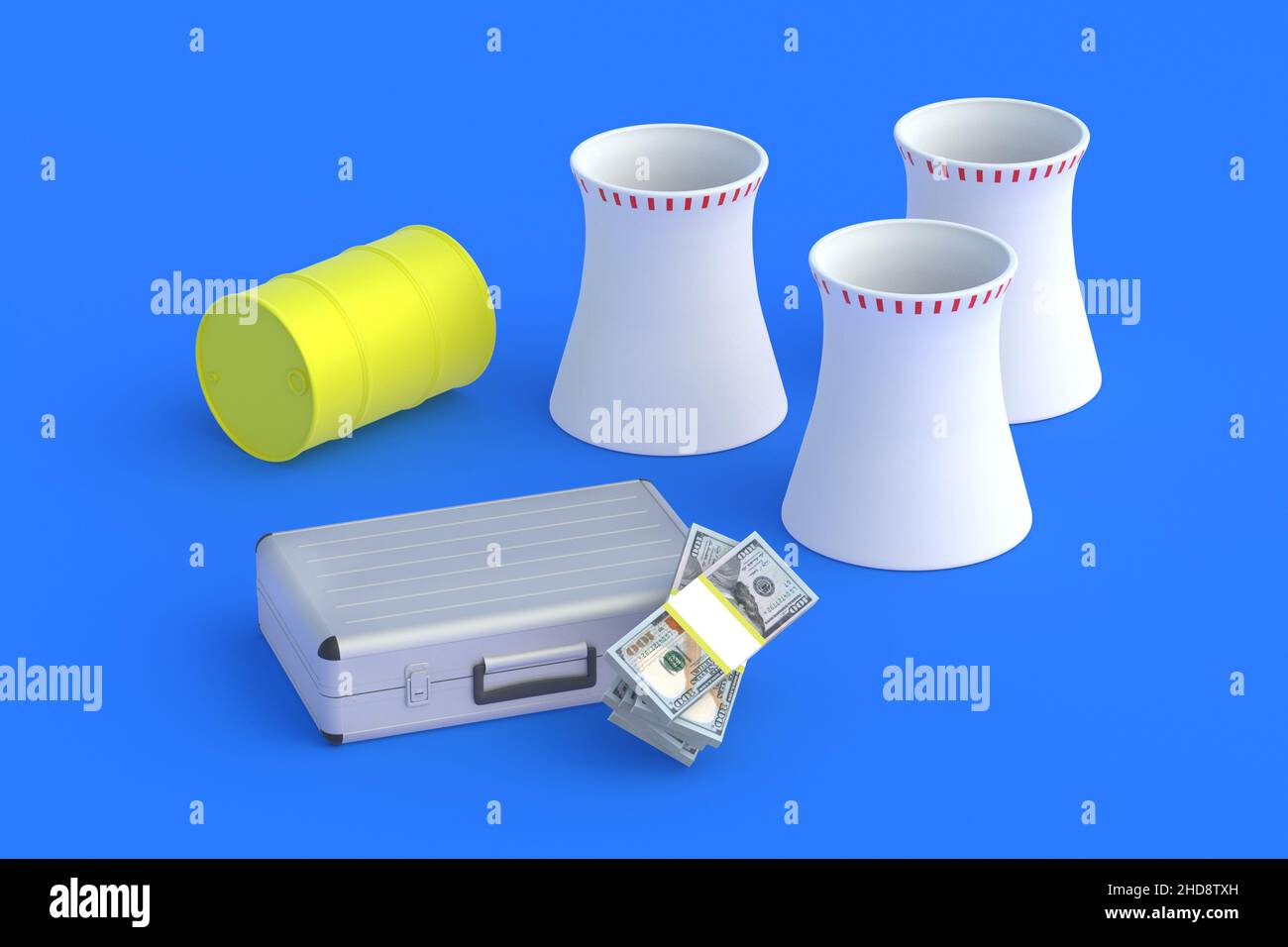Metal suitcase near nuclear power station; barrel and money. Investing ...