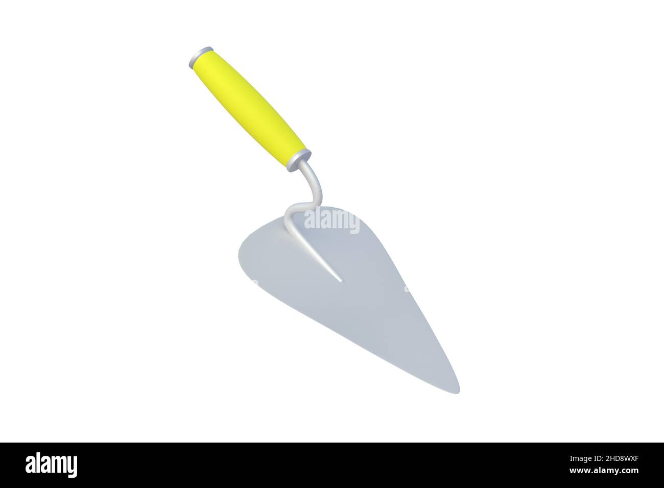 One metal trowel with yellow handle isolated on white background. 3d ...