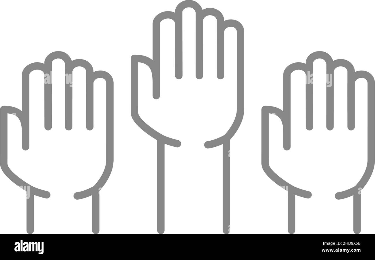 Three raised hands line icon. Team work, support, unity symbol Stock ...