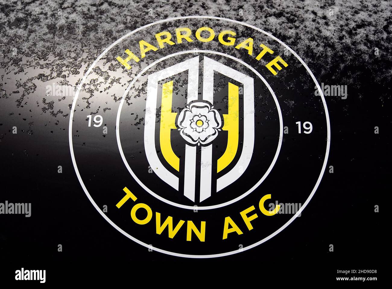 General view of ice formed over a Harrogate Town club badge graphic at ...