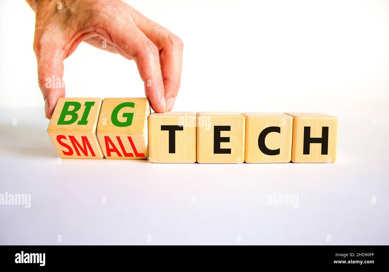 Big or small tech symbol. Businessman turns wooden cubes and changes ...