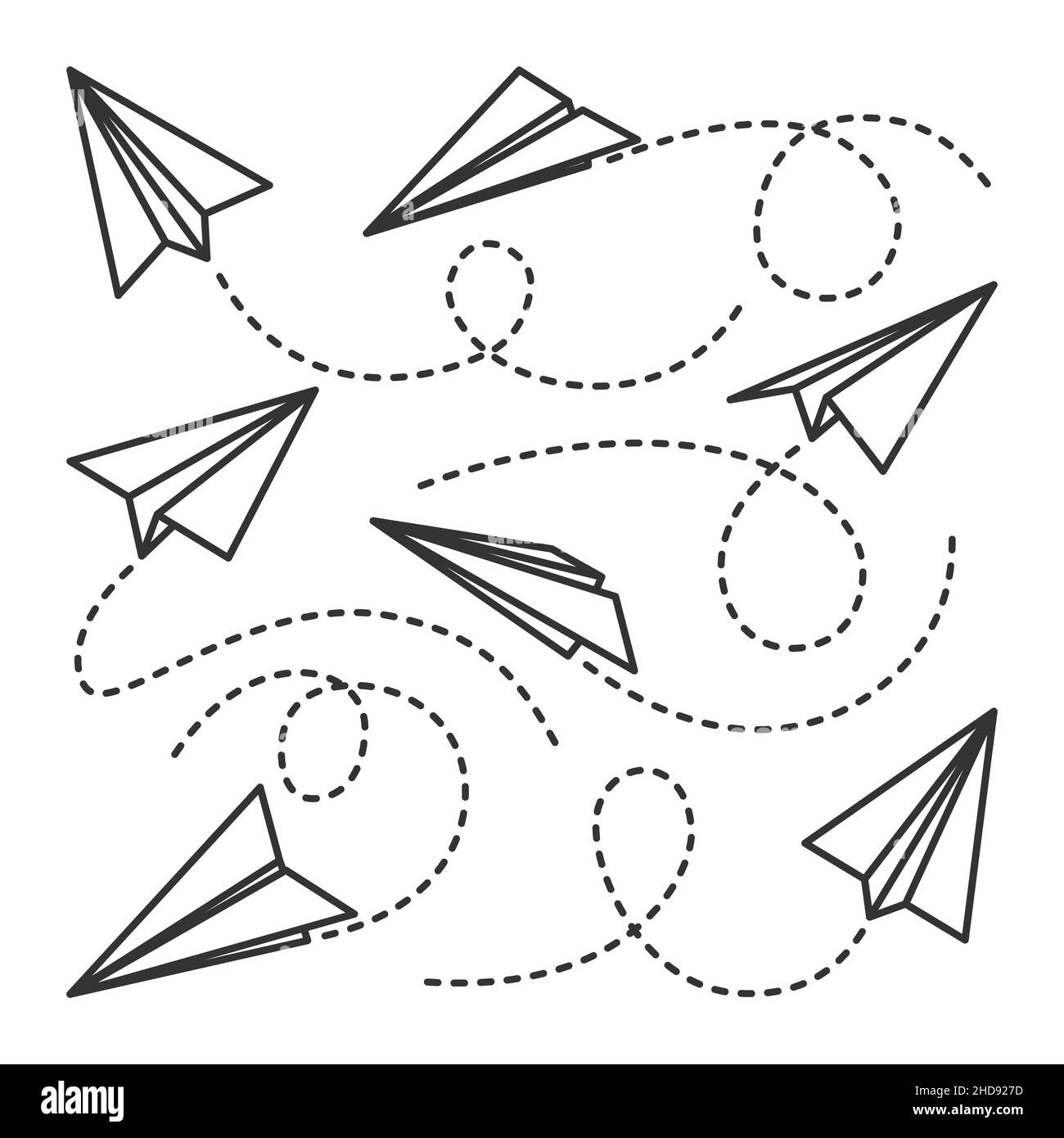 Various hand drawn paper planes. Black doodle airplanes with dotted ...