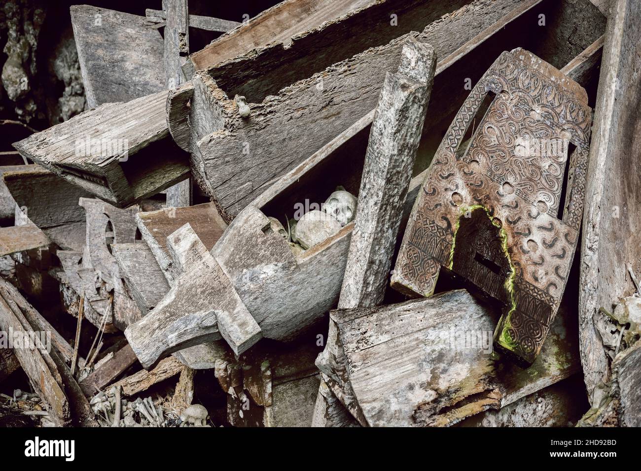 Old coffins (erong) & skulls in the 700 yr old burial cave at Lombock ...
