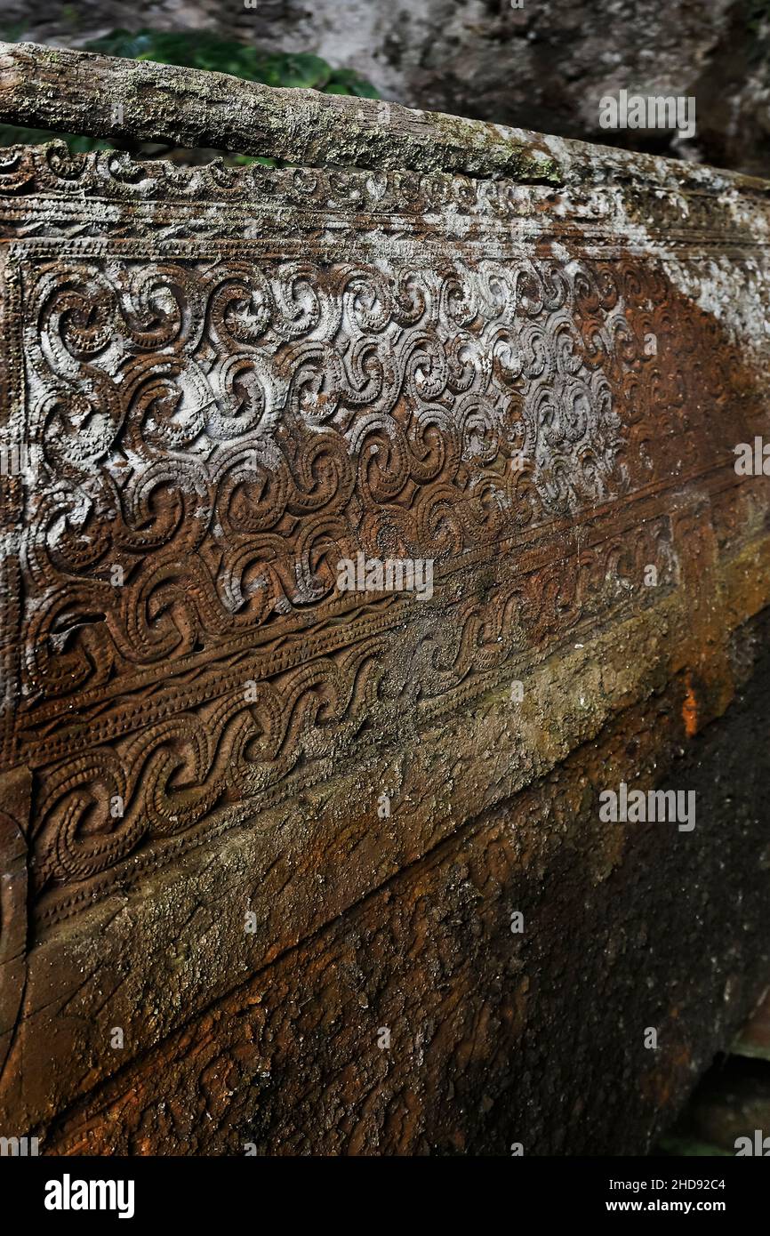 Weathered geometric carving on coffin (erong) in the 700 yr old burial ...