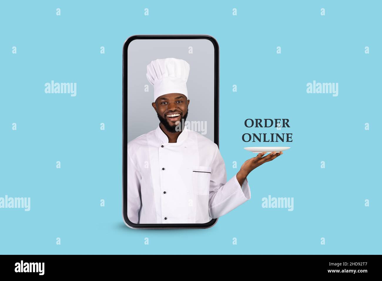 Order Food Online. Collage With Black Chef Peeking Out Of Smartphone ...
