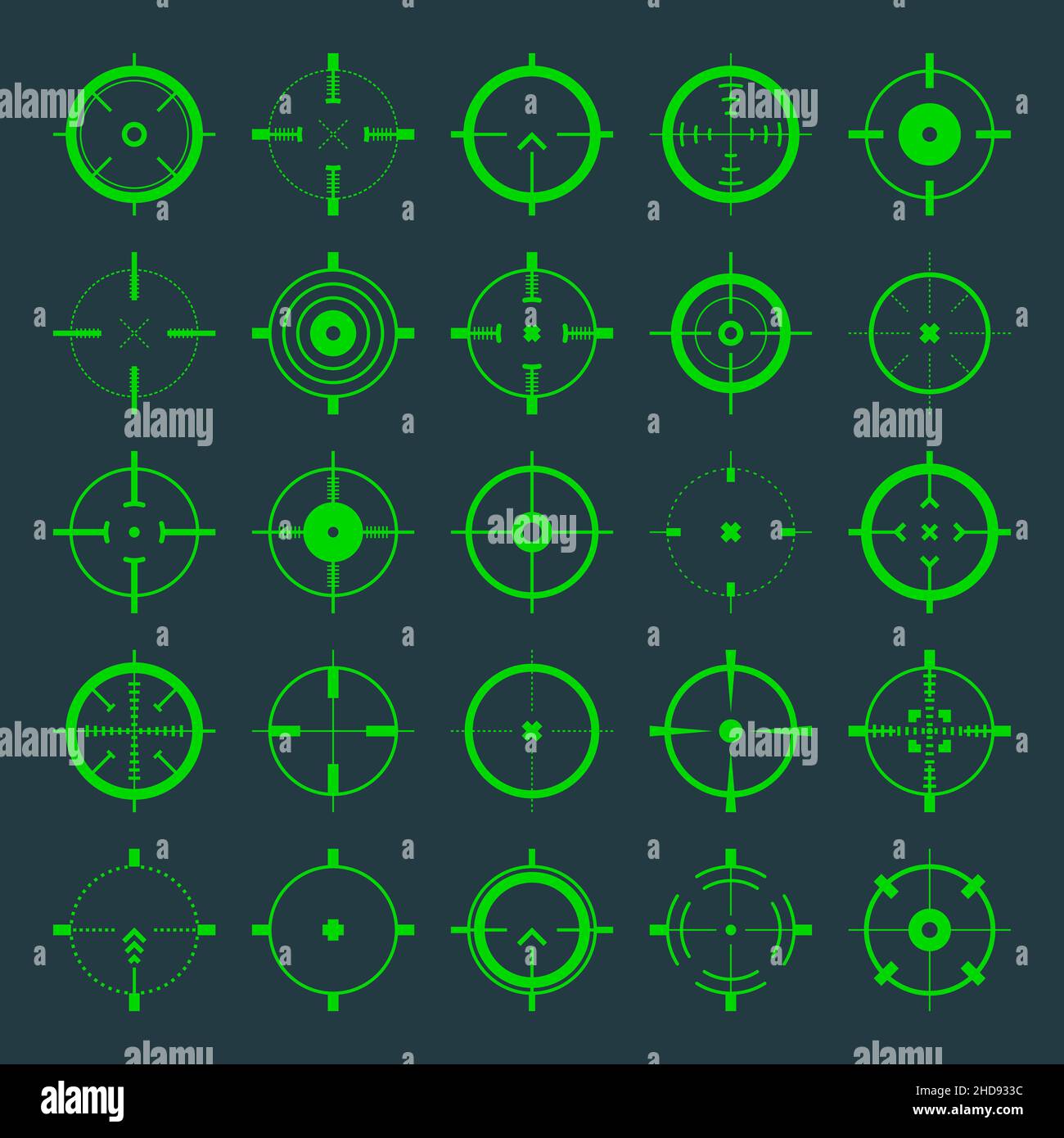 Crosshair, gun sight vector icons. Bullseye, green target or aim symbol ...