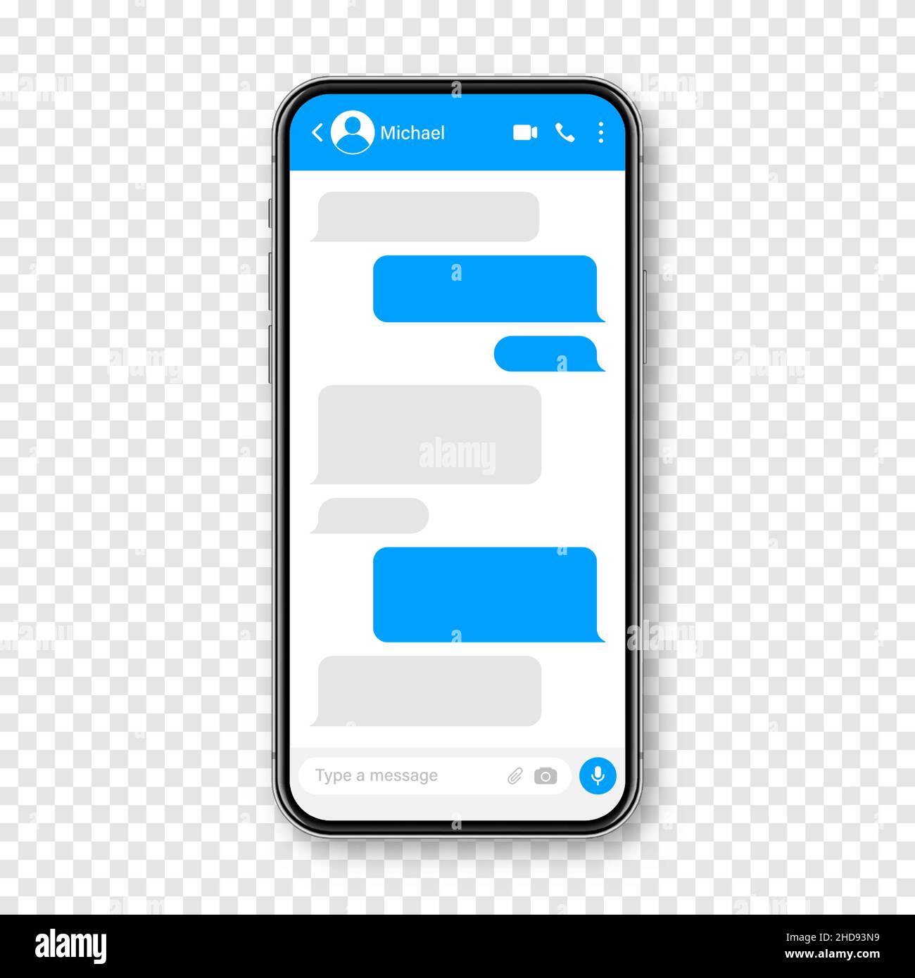 Realistic smartphone with messaging app. Blank SMS text frame ...