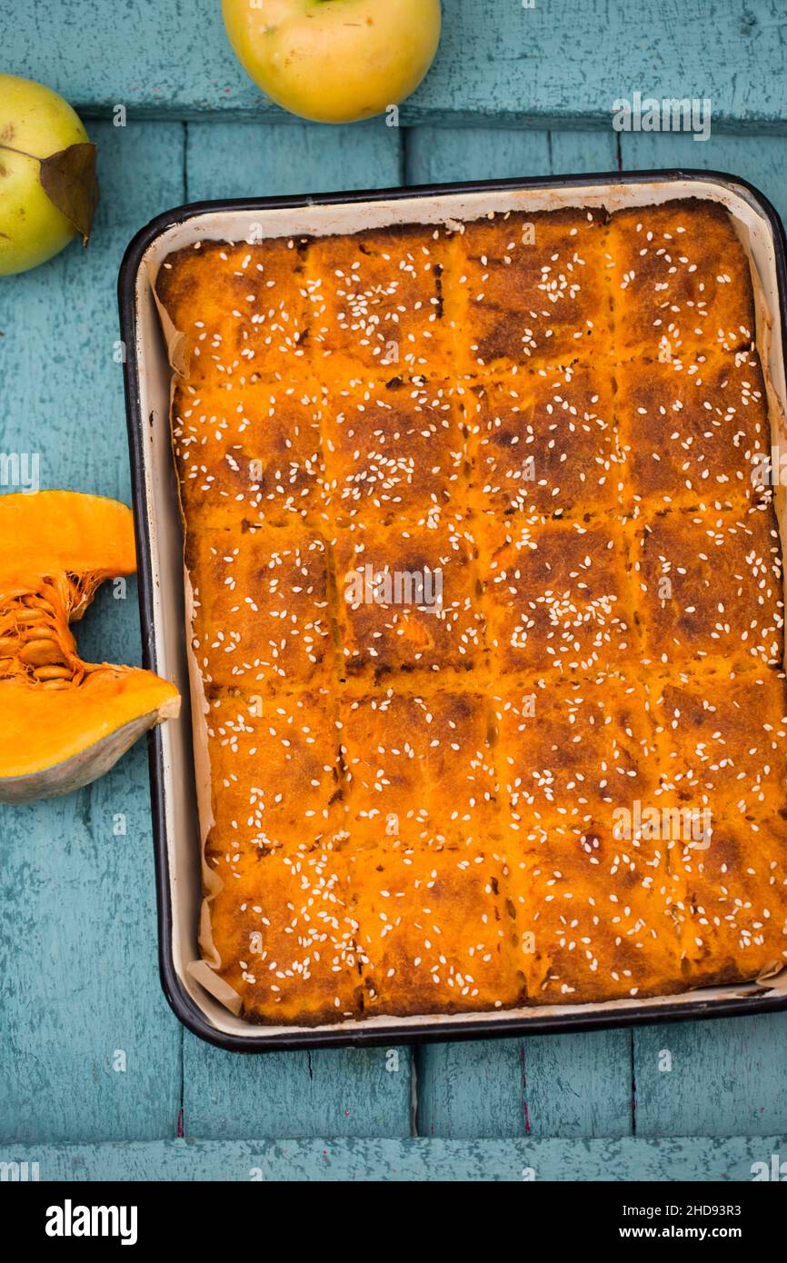 Pumpkin, carrot and apple casserole with sesame seeds Stock Photo - Alamy