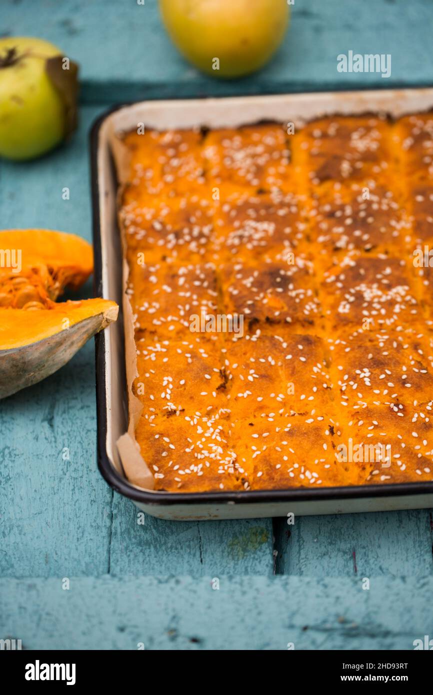 Pumpkin, carrot and apple casserole with sesame seeds Stock Photo - Alamy