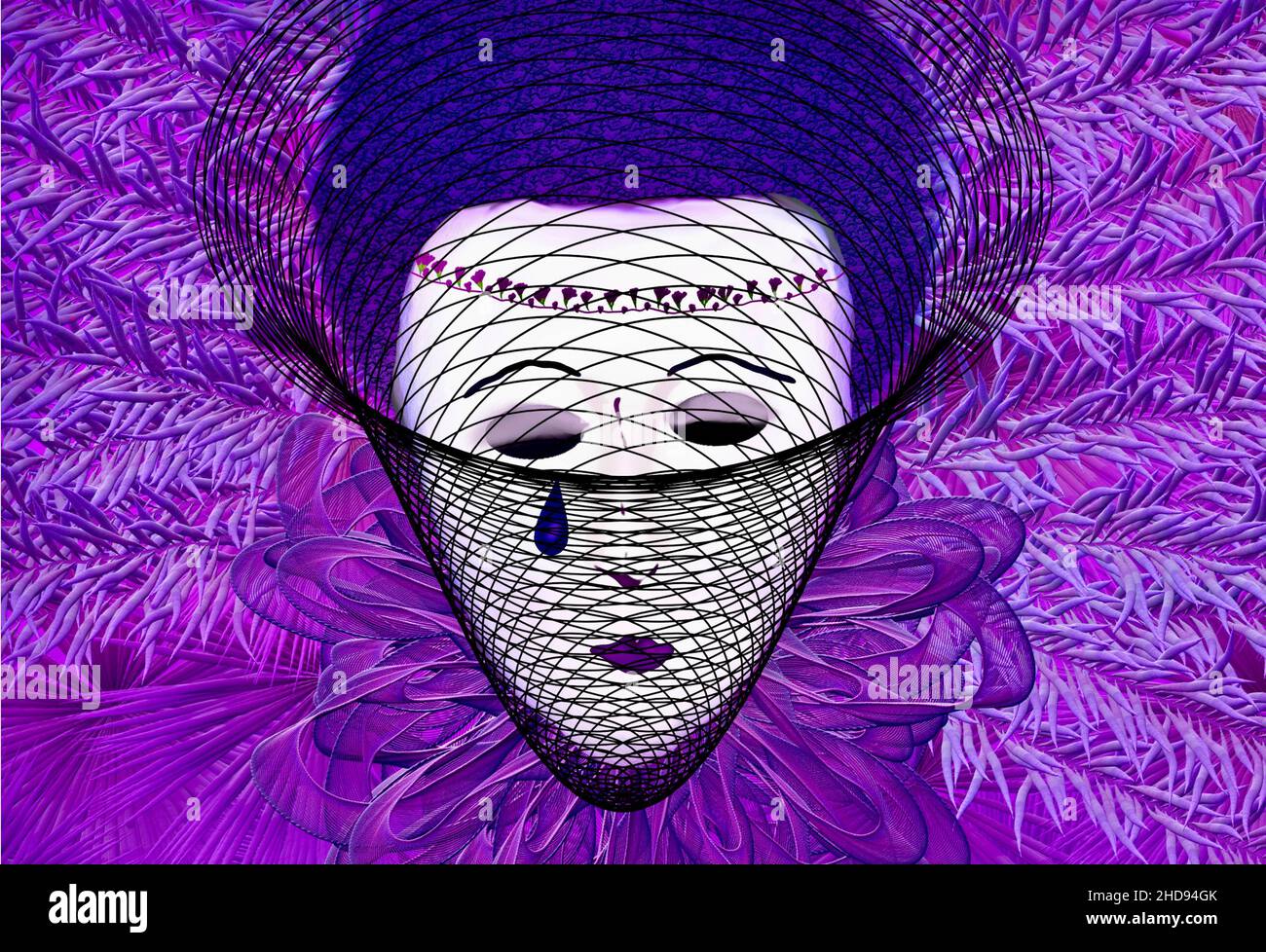 White faced sad and tearful woman behind a black net face veil Stock ...