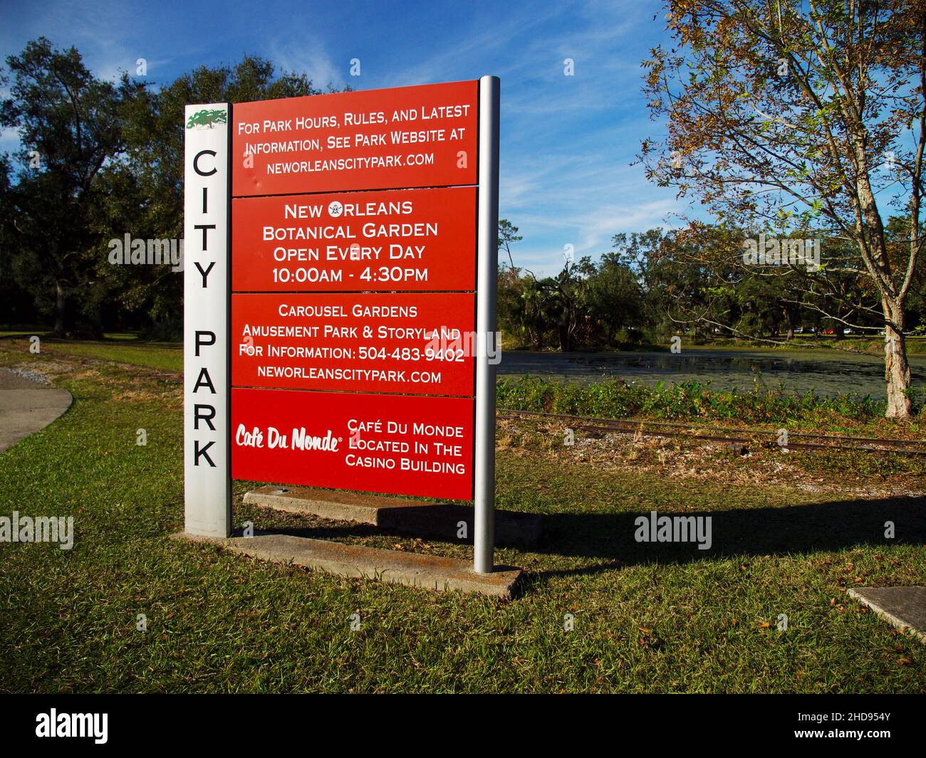 Signboard in the city Park in the Mid City neighborhood of New Orleans ...