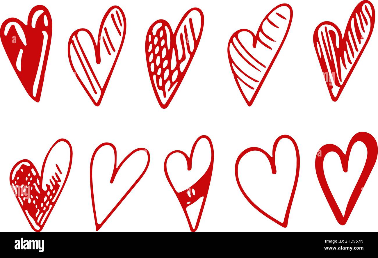 Collection set of hand drawn red doodle scribble hearts isolated on ...