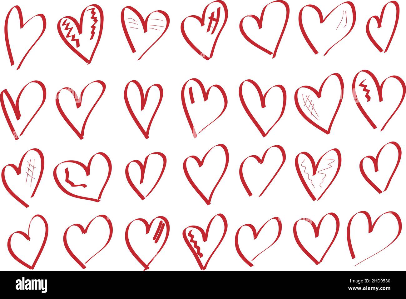 Collection set of hand drawn red doodle scribble hearts isolated on ...