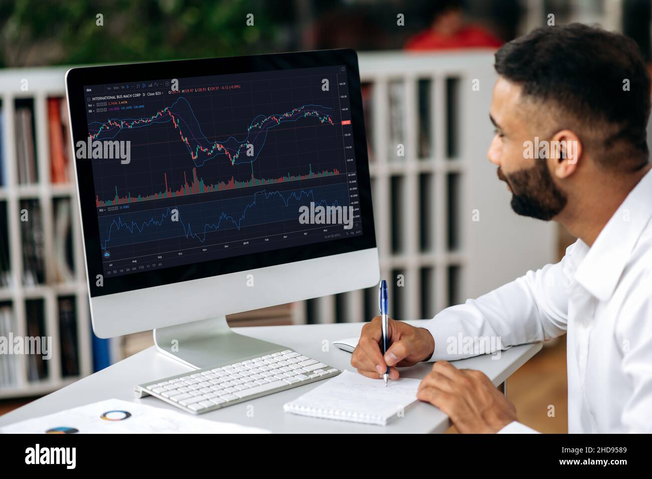 Stock trading. Focused successful Indian trader expert, stock broker ...