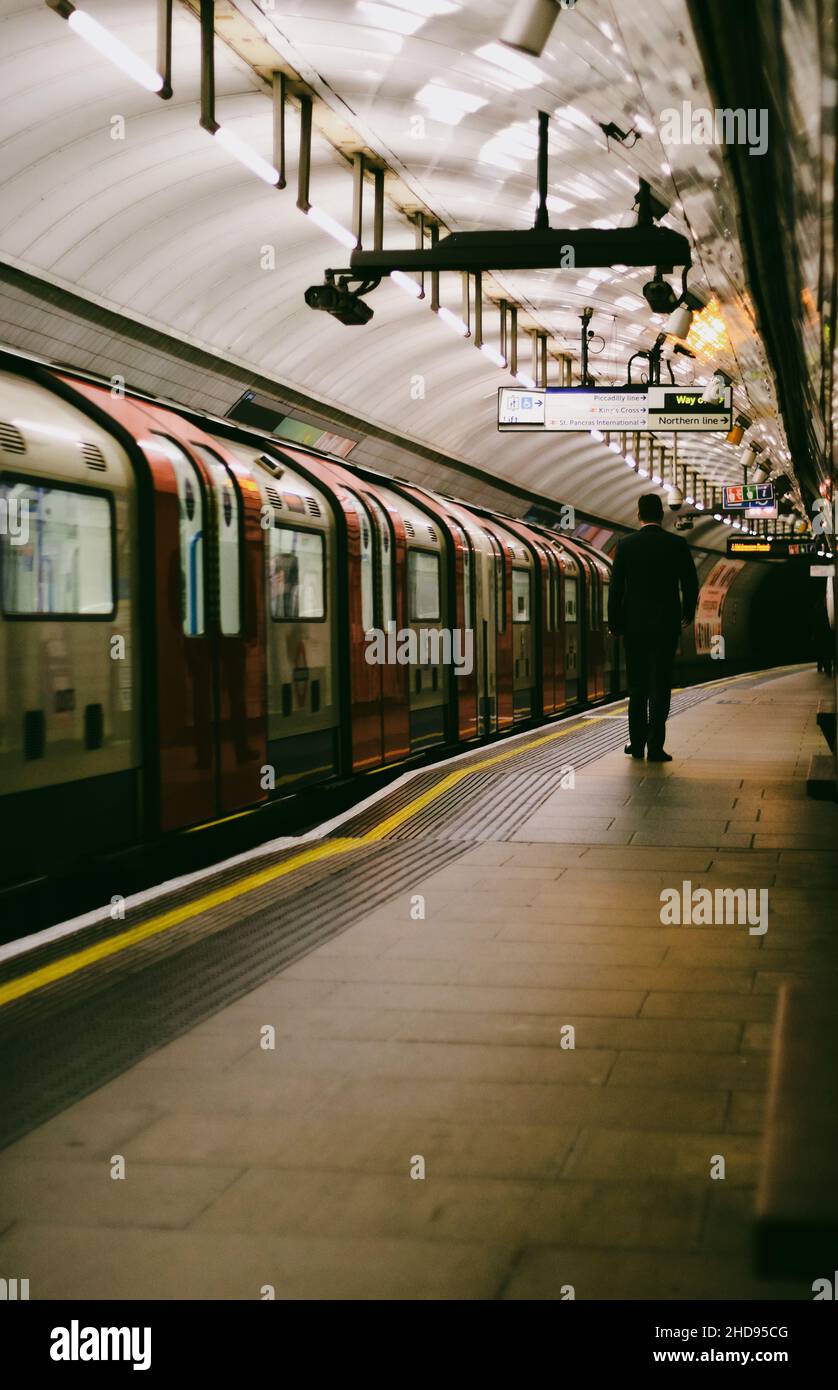 Rear shot of a man standing near the empty train on the subway, Kings ...
