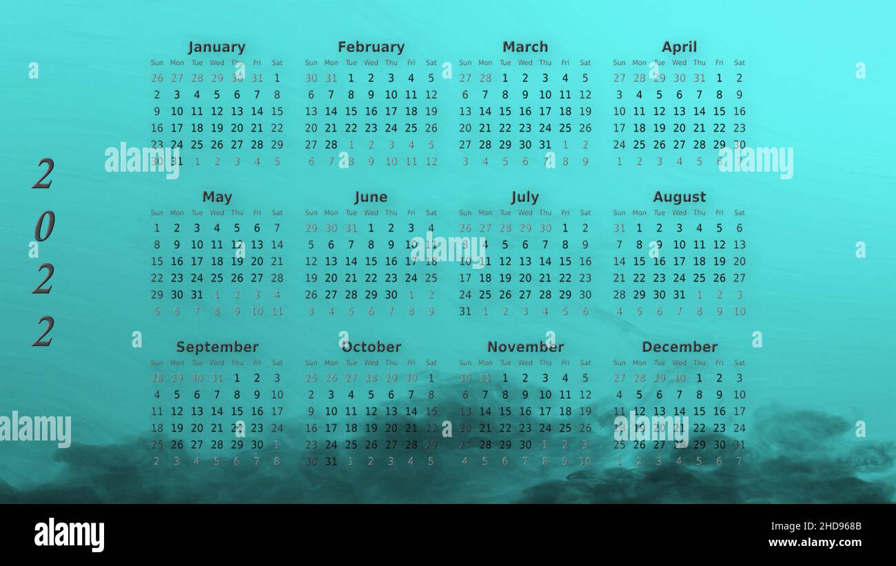 Calendar 2022, set for 12 months. Smoke on a turquoise background Stock ...