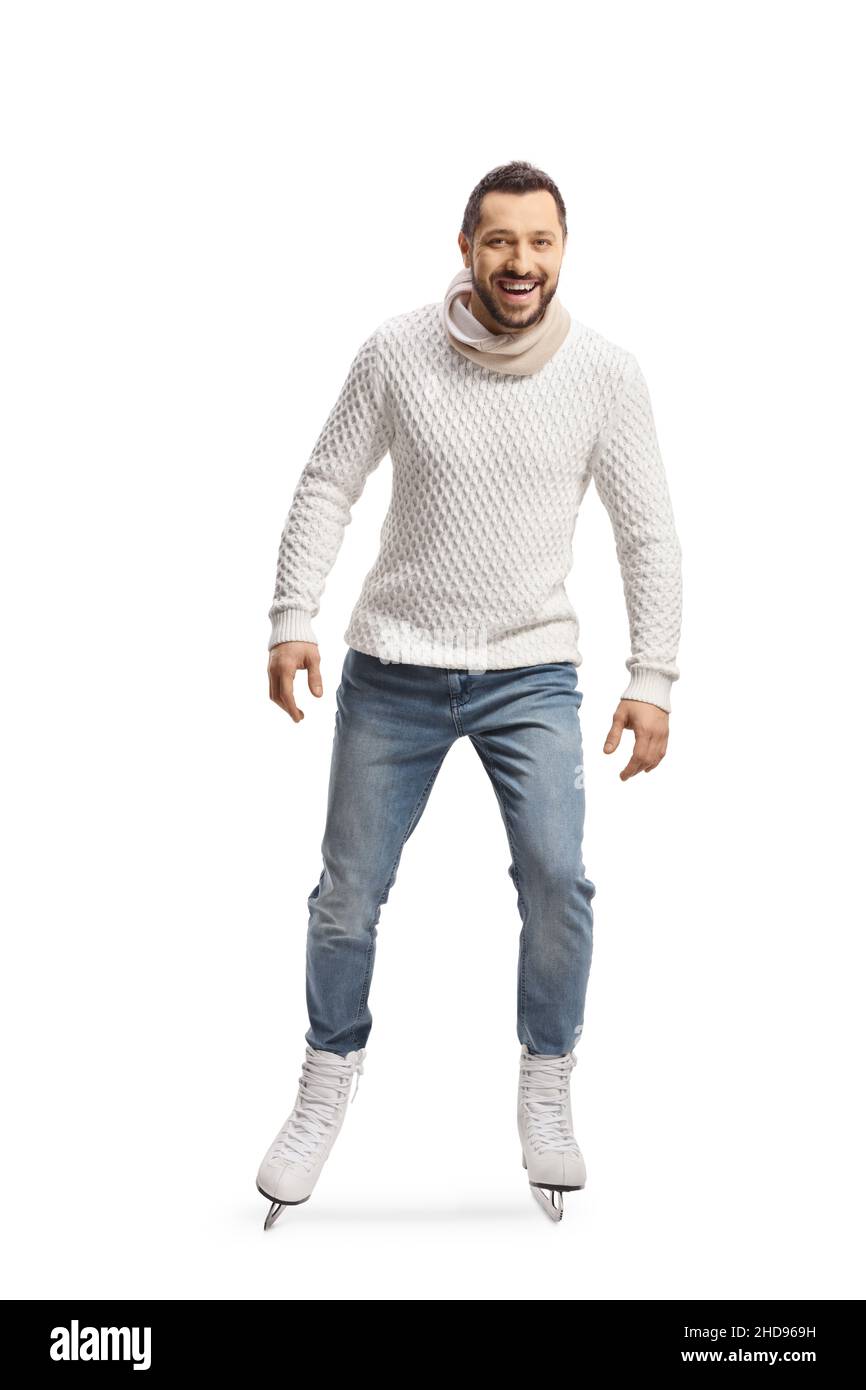 Casual young man ice skating sitting and smiling isolated on white ...