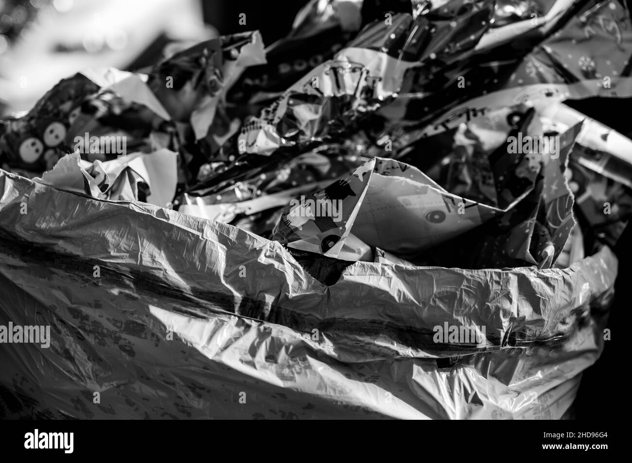 Discarded used wrapping paper in a trash bag after opening gifts Stock ...