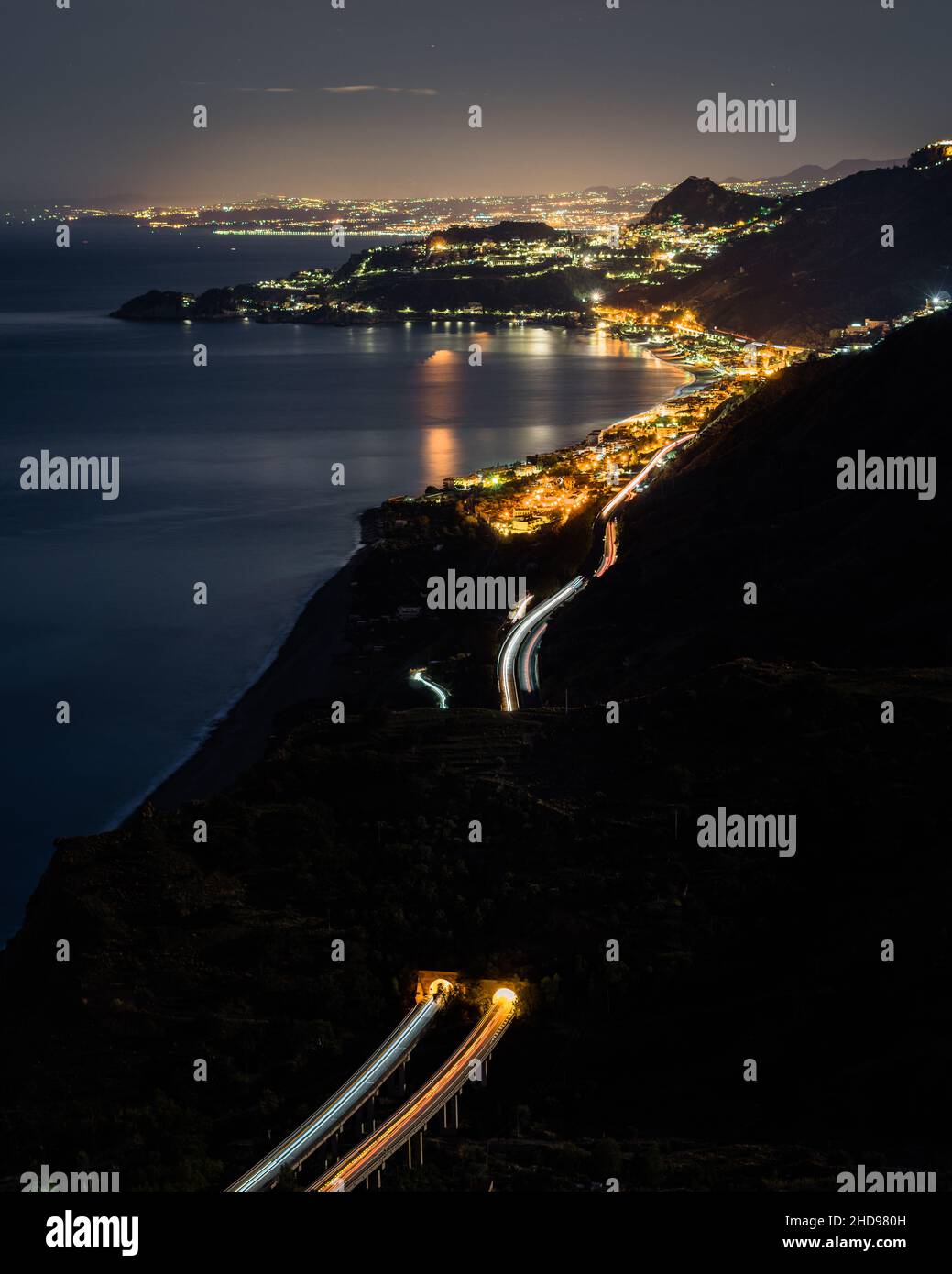 Mediterranean from the coast of Sicily in Italy at night in long ...
