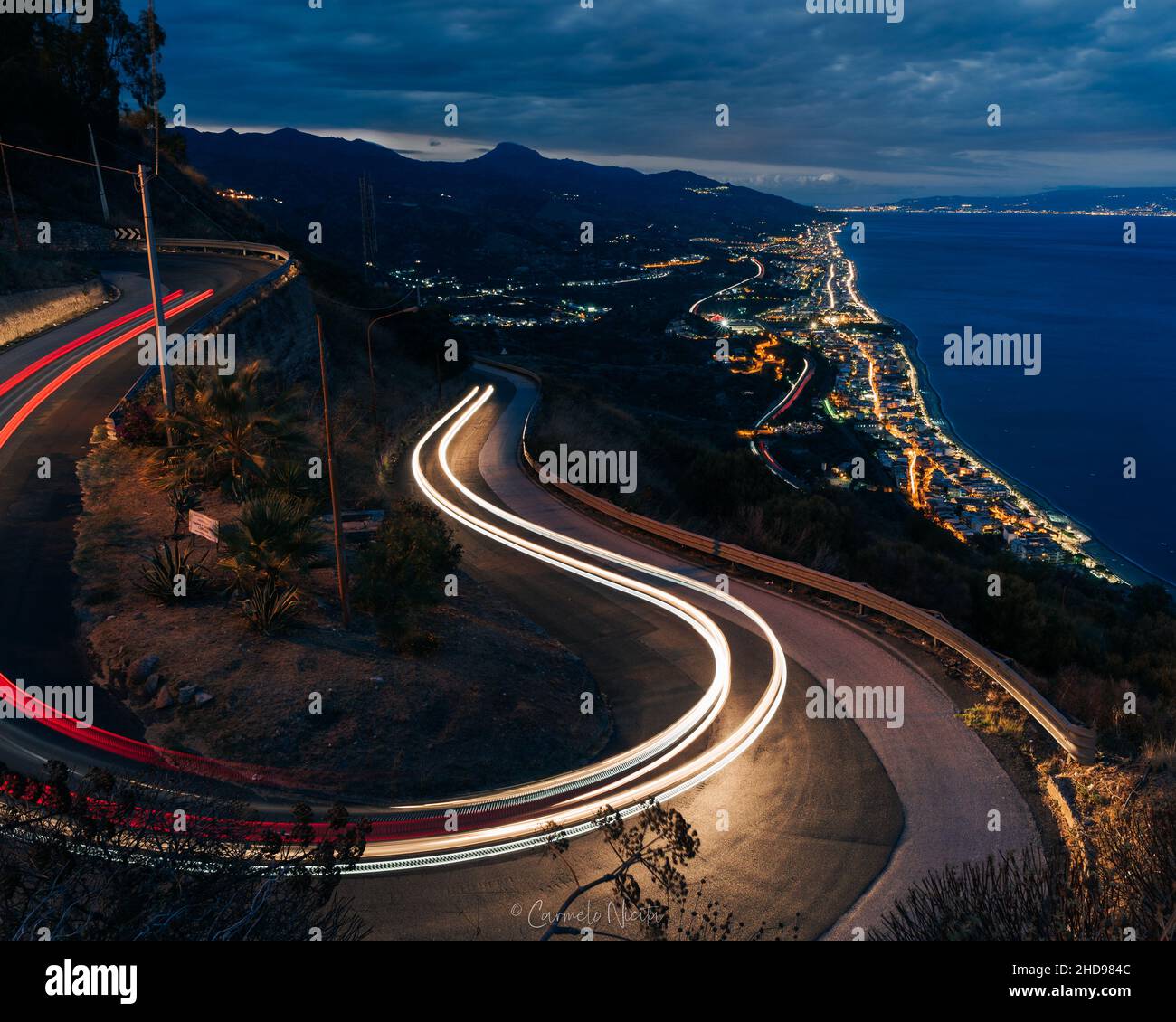 Mediterranean from the coast of Sicily in Italy at night in long ...