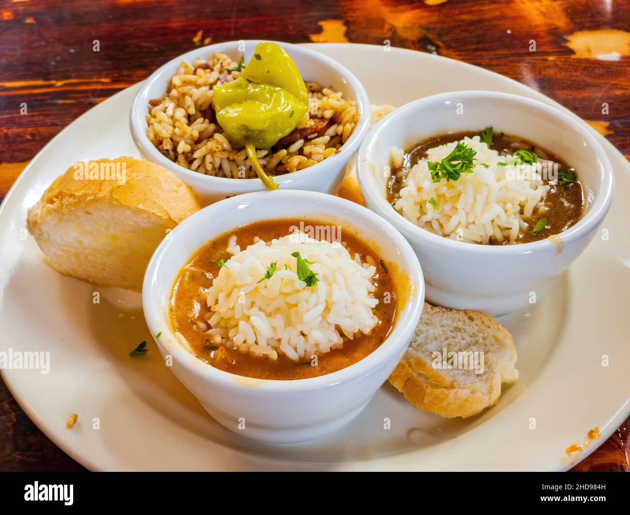 Close up shot of seafood gumbo sampler at New Orleans, Louisiana Stock ...
