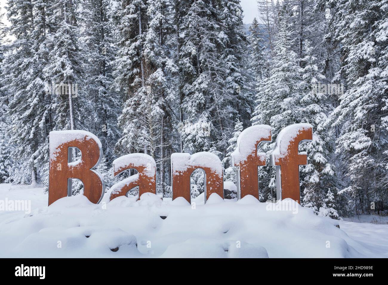 The town of Banff sign in winter, Banff National Park, Alberta, Canada ...