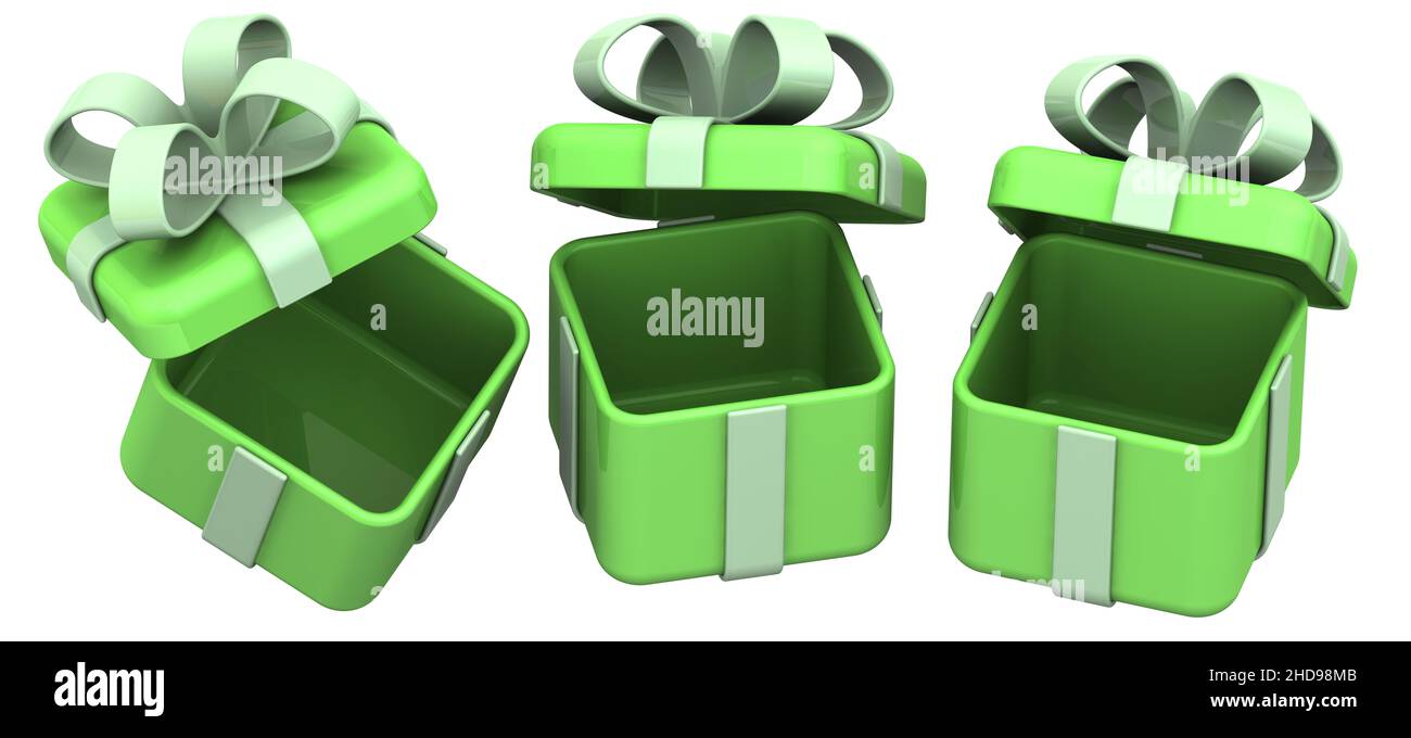 Open green gift boxes with ribbon and bow. 3D illustration Stock Photo ...