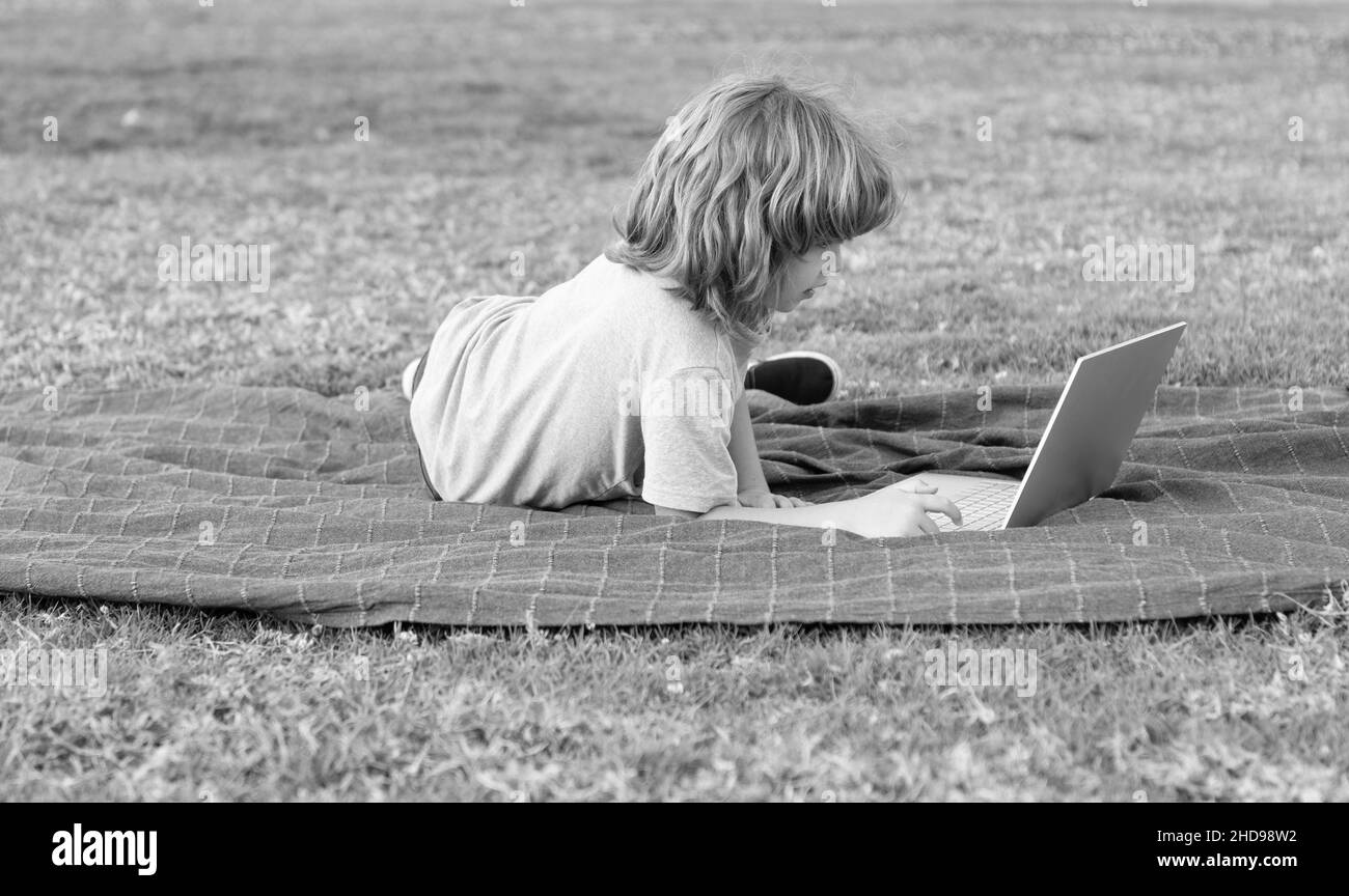 little boy use modern wireless laptop on park grass, school blog Stock ...