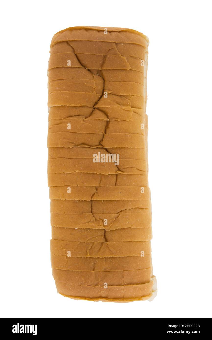 The top view of an isolated long loaf of American sliced white bread on ...