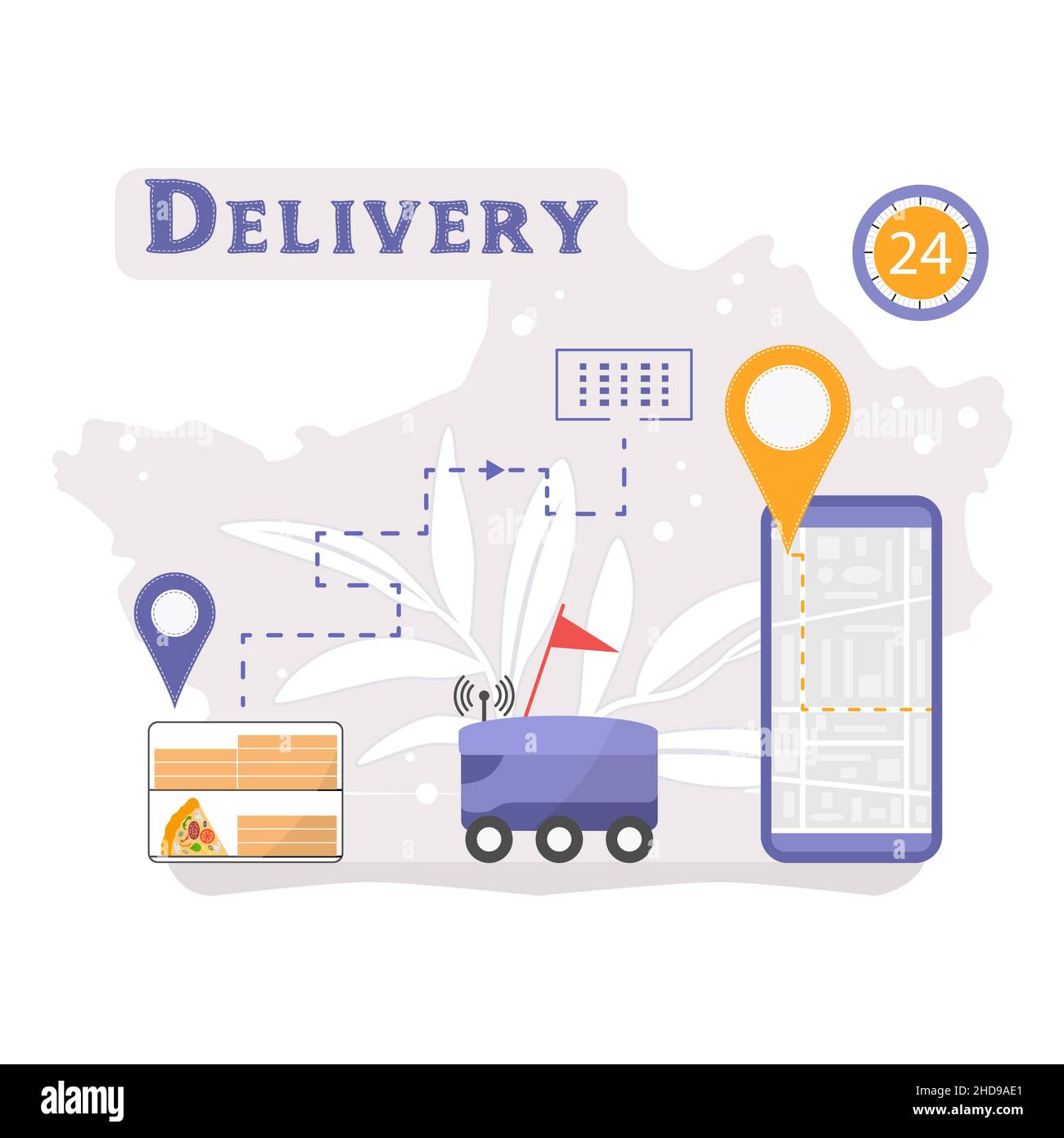 Vector illustration Automated car delivers food, drinks. Online Order ...