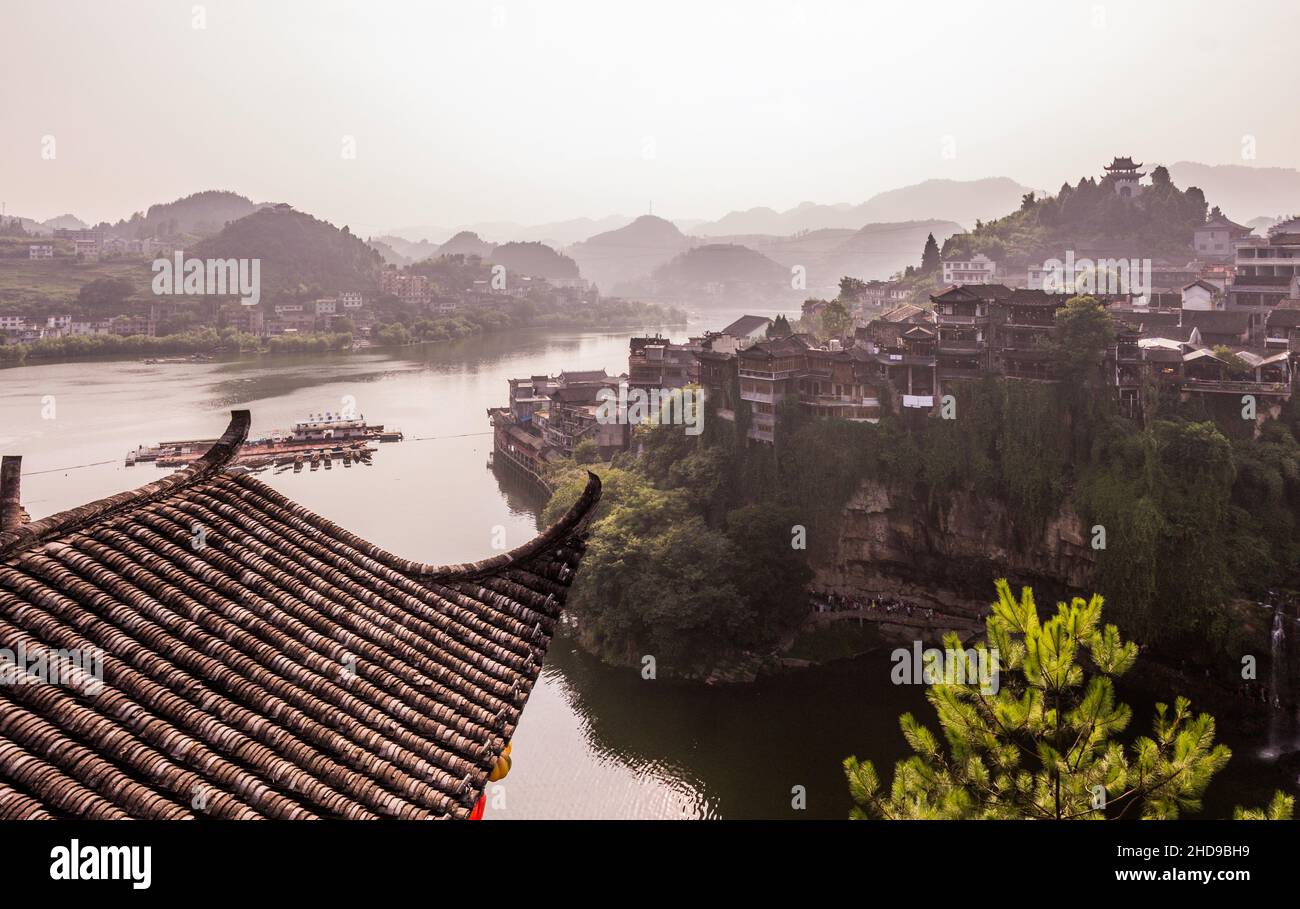 View of Furong Zhen town and waterfall, Hunan province, China Stock ...