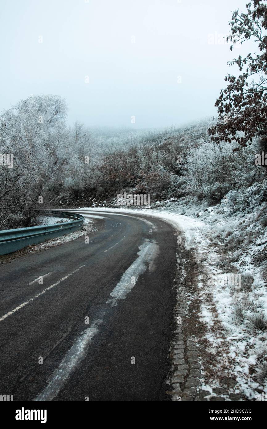 Snowy highway with trees on the sides in Braganca, Portugal on a winter ...