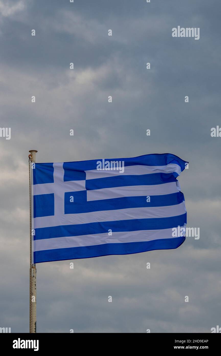 greek national flag of greece, blue and white striped flag on the greek ...