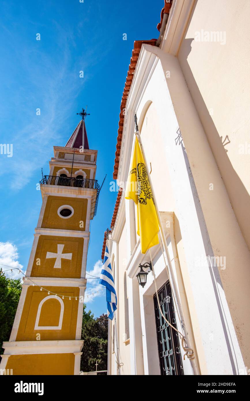 greek orthodox christian church and bell tower in typica; architectural ...