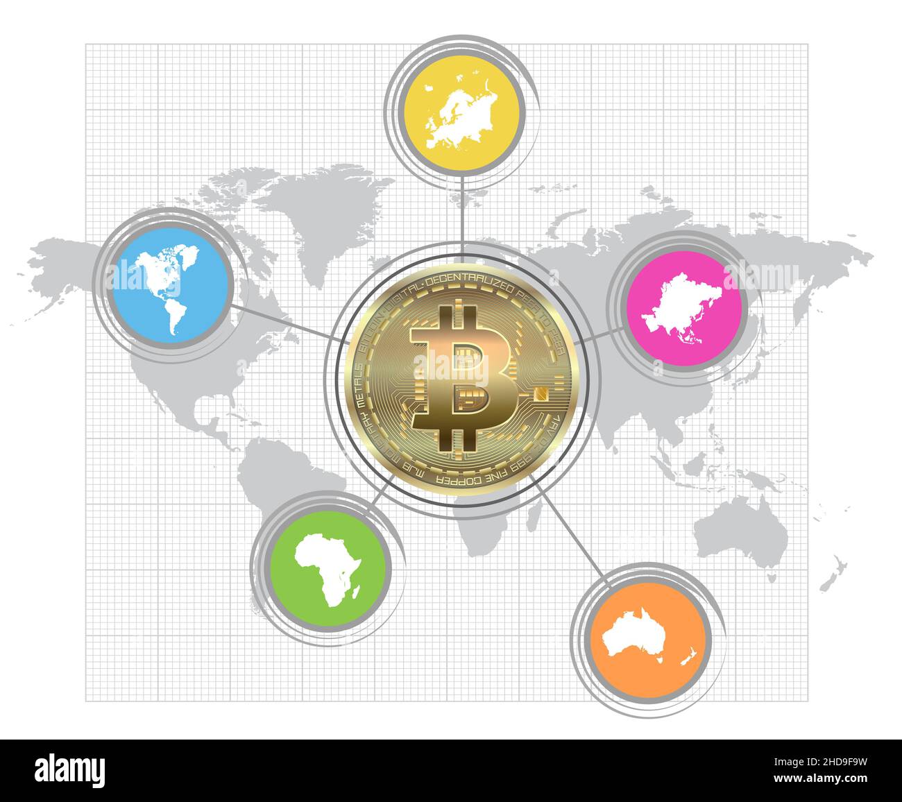 Bitcoin coin, World and continents map, infographics isolated on white ...