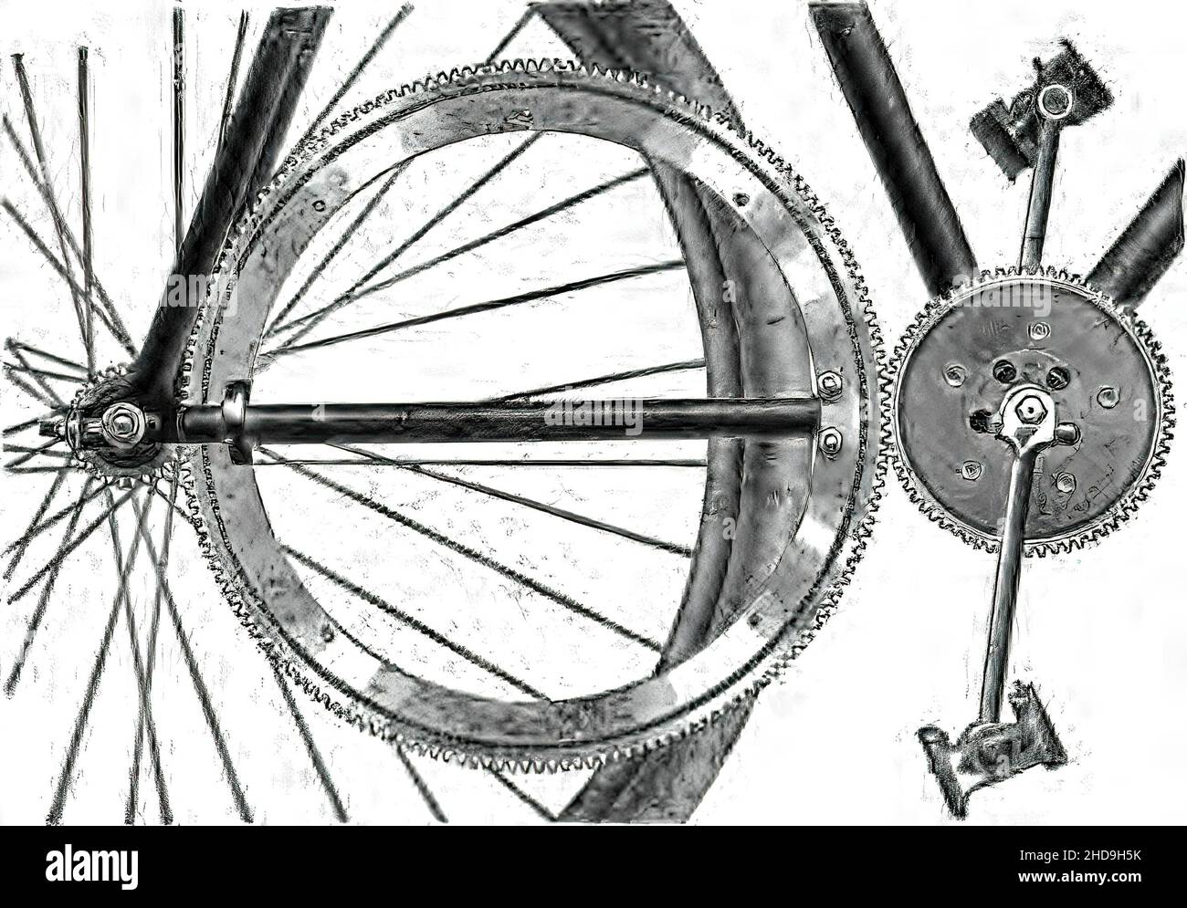 Closeup of the 19th-century bicycle detail illustration isolated on a ...