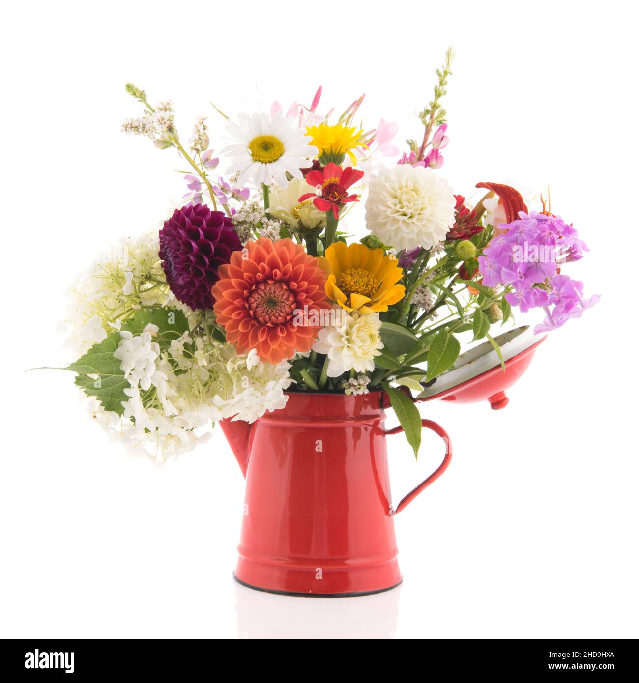 Bouquet colorful flowers in red vase isolated over white background ...
