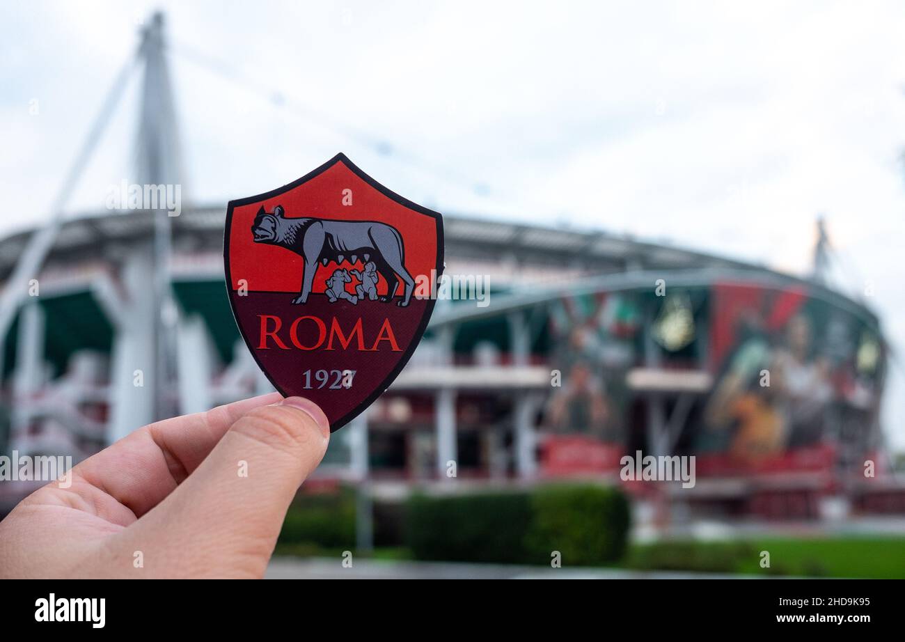 August 30, 2021, Rome, Italy. A.S. Football Club emblem Roma against ...