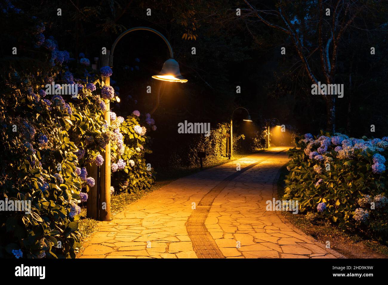 Walkpath with ilumination in Lago Negro lake at night, Gramado, Rio Grande do Sul, Brazil Stock ...