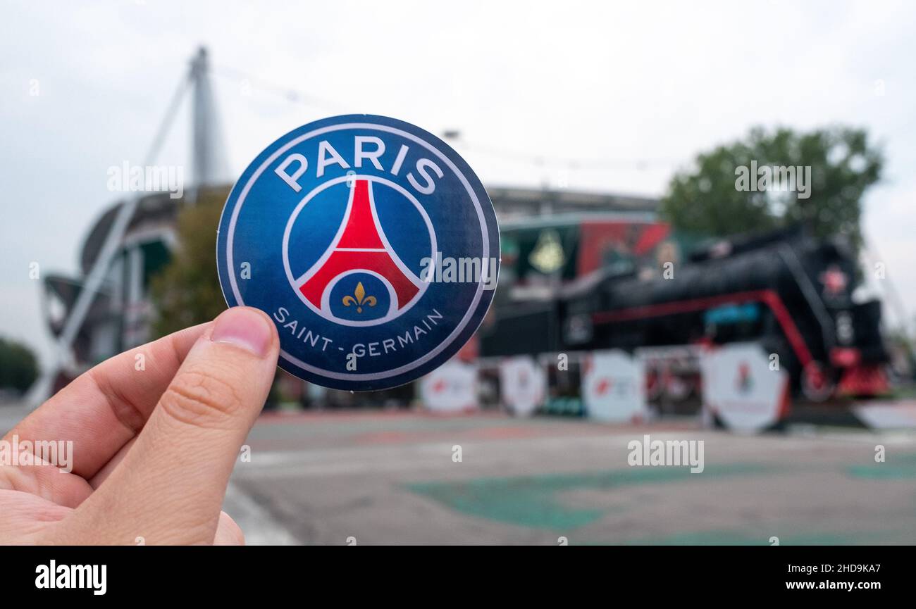 August 27, 2021, Paris, France. The emblem of the football club Paris ...