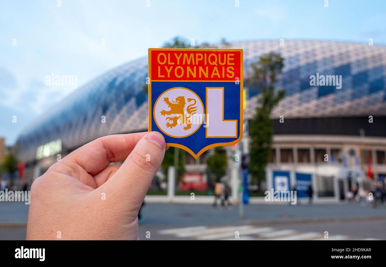 September 12, 2021, Lyon, France. The emblem of the football club ...