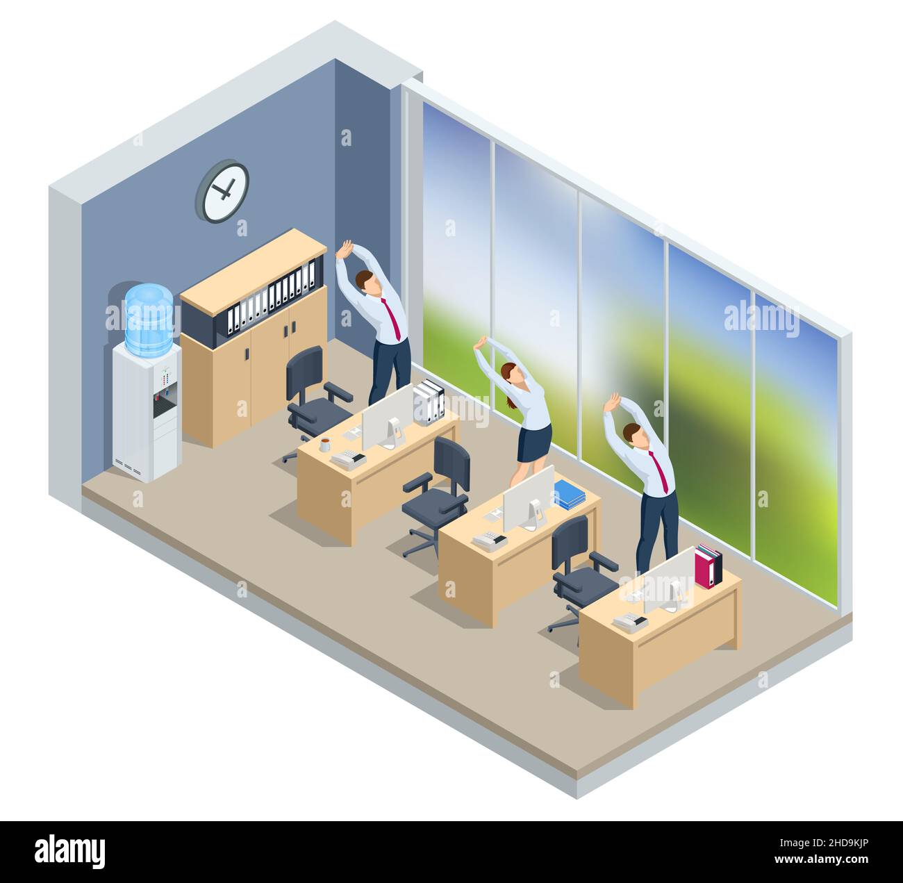 Isometric business and healthy lifestyle. Positive office worker ...