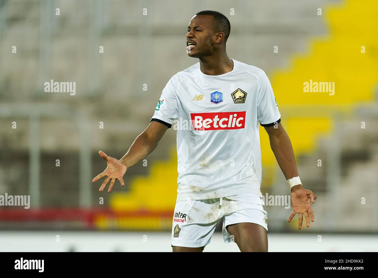 LENS, FRANCE - JANUARY 4: Emanuel Tiago of Lille OSC reacts during the ...