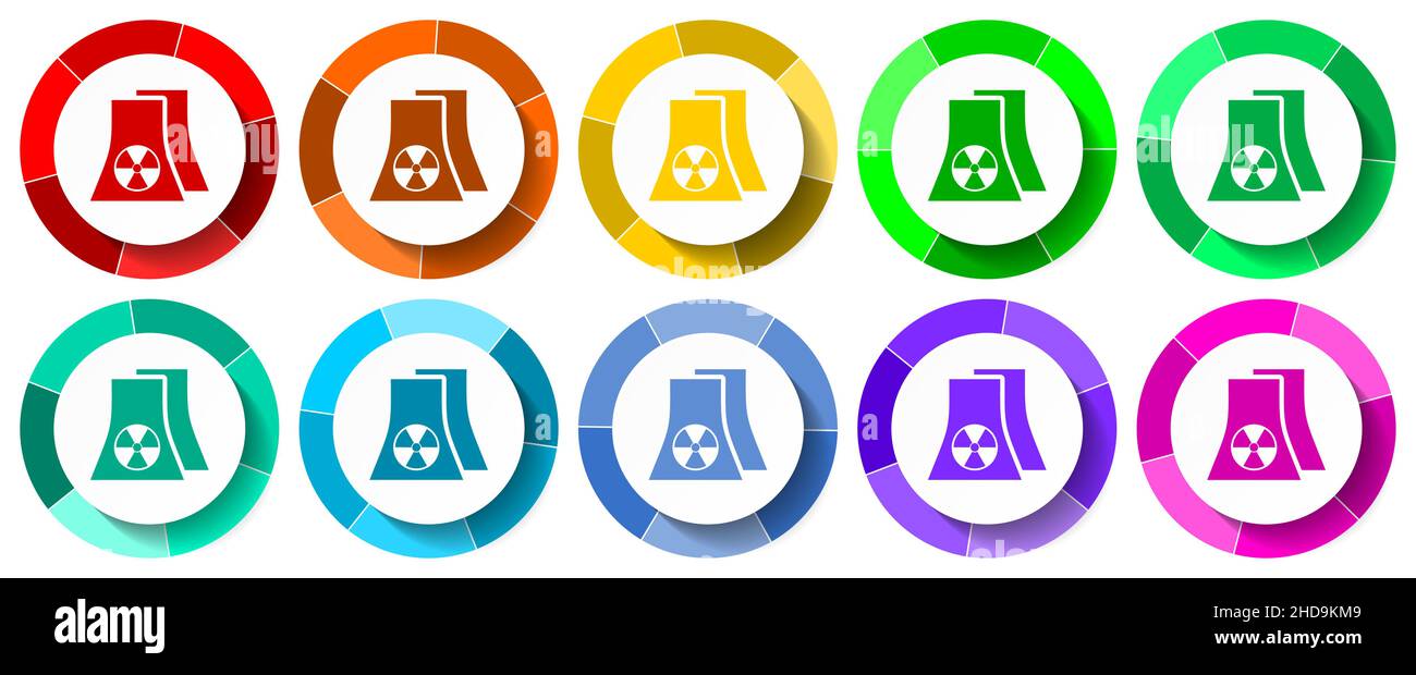 Nuclear power plan flat design vector illustration in 10 colors options ...