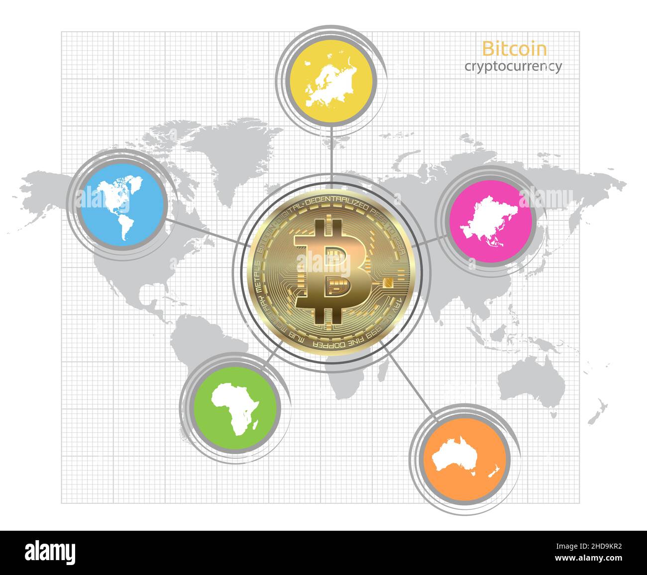Bitcoin coin, World and continents map, infographics isolated on white ...