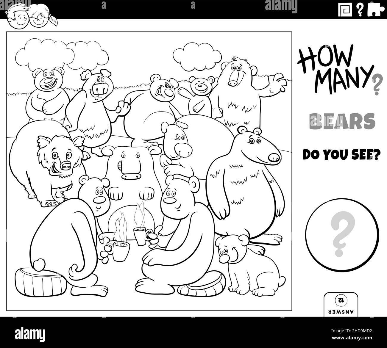 Black and white illustration of educational counting task for children ...